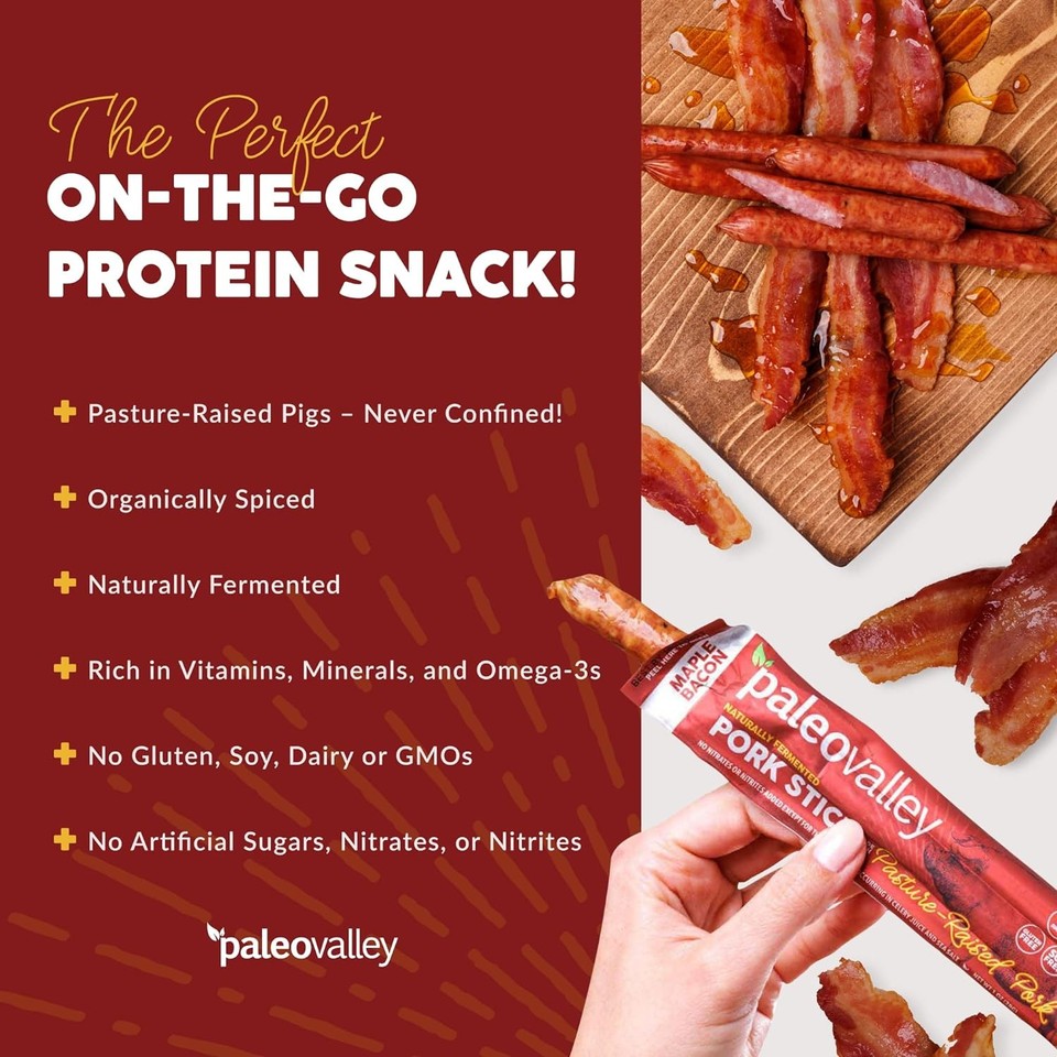 Paleovalley Pasture-Raised Pork Sticks - Maple Bacon 10 Count (Pack of ...