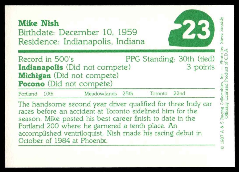 1987-88 CDA PPG Indy Car Mike Nish #23 | eBay