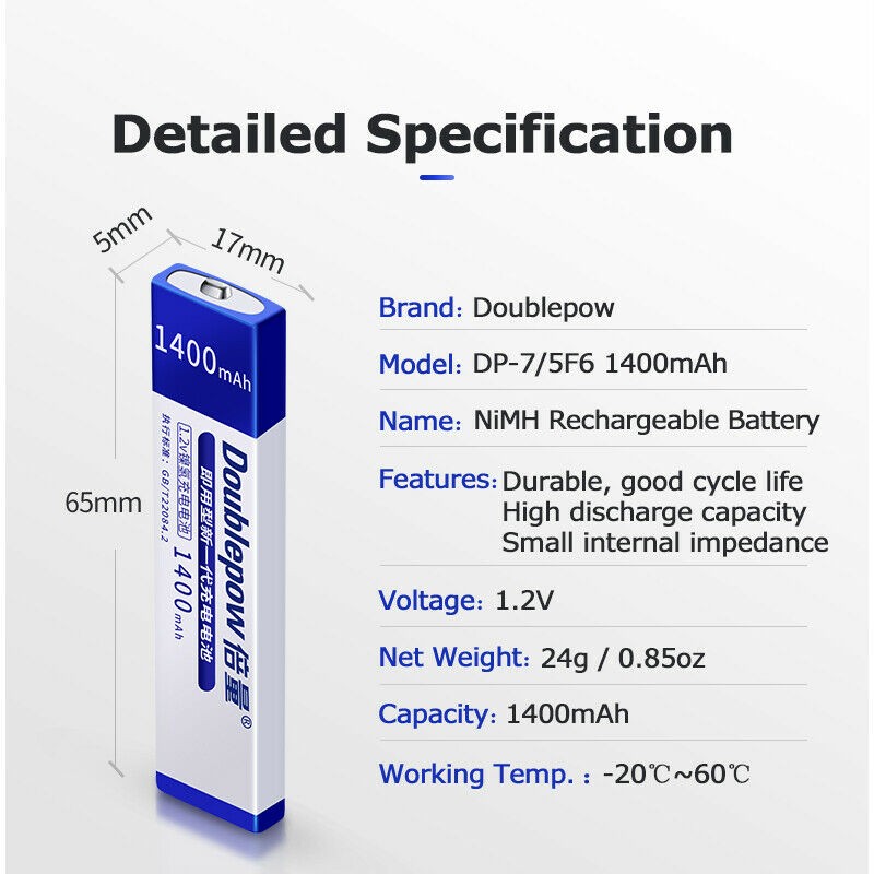 2x Doublepow 1400mAh Ni-MH GumStick Battery - Cassette CD/MD Minidisc ...