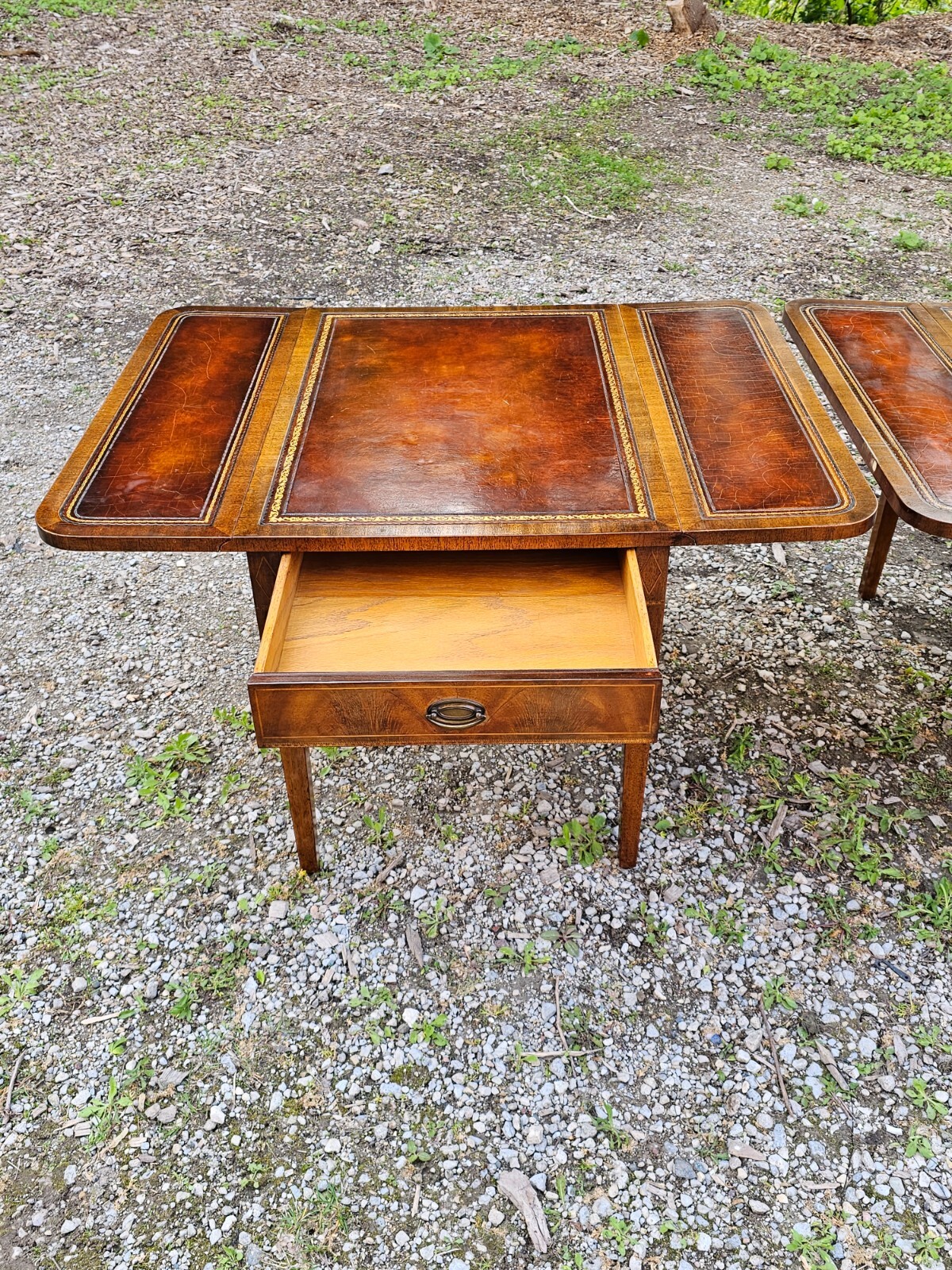 Antique Pembroke Double drop leaf leather top end table Pair by Weiman ...