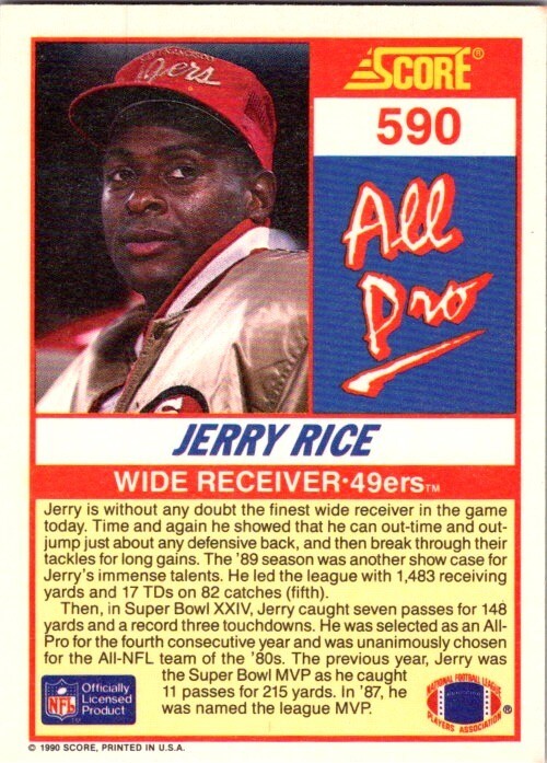 1990 Score All Pro Jerry Rice #590 San Francisco 49ers NFL Football ...
