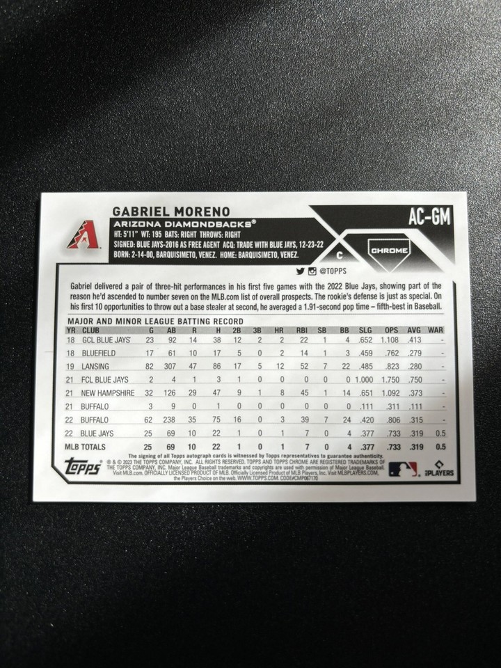 2023 Topps Chrome Update Gabriel Moreno RC Rookie Auto #AC-GM ...