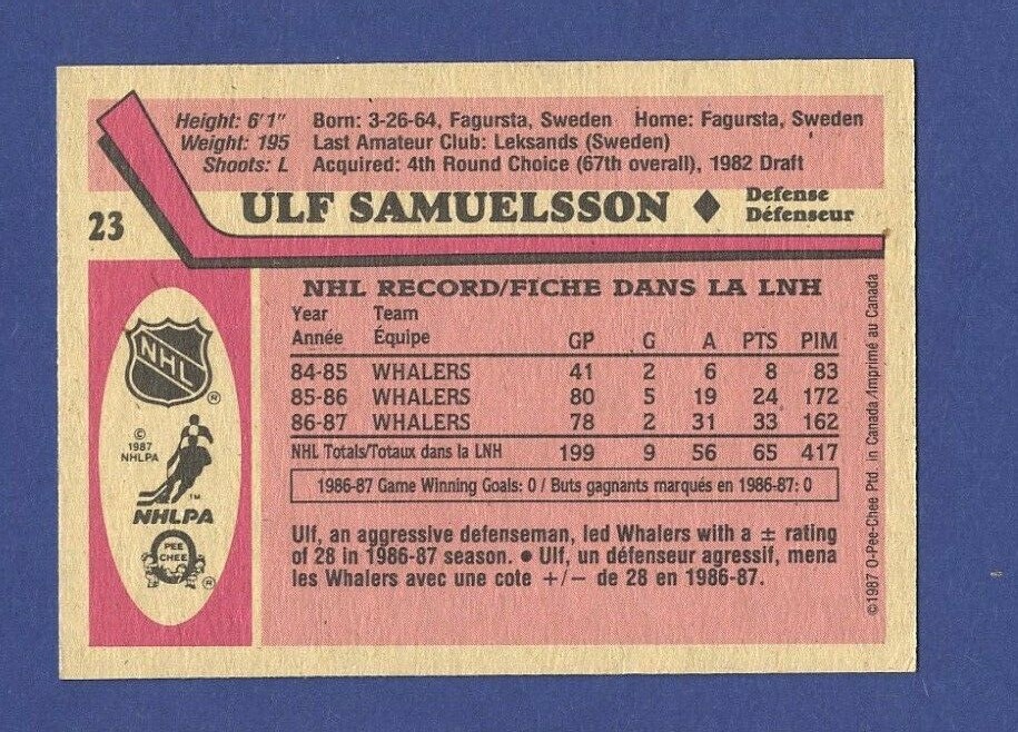 1987-88 OPC Ulf Samuelsson RC Rookie #23 (EXMT+) Very Nice Hockey Card ...