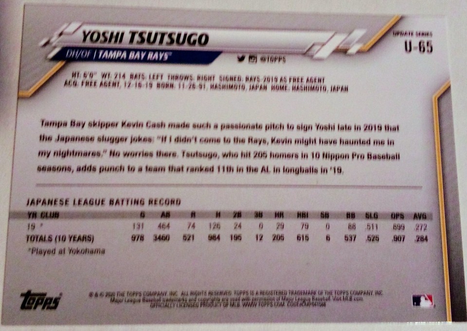 2020 Topps Update #U65 Yoshi Tsutsugo Rookie Card Tampa Bay Rays ⚾ FREE ...