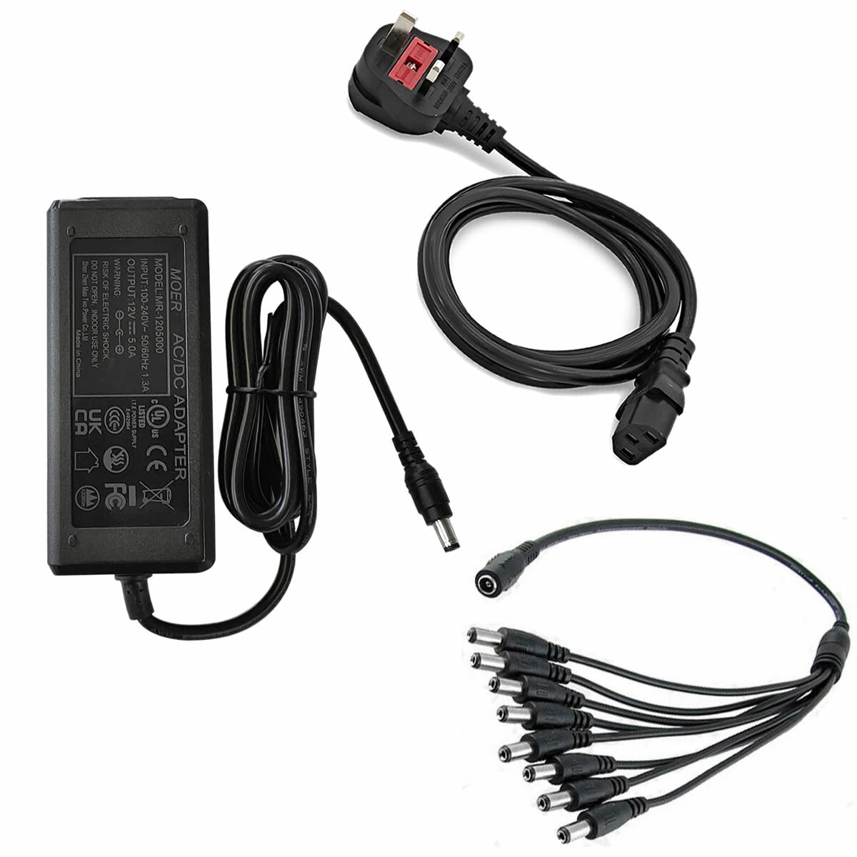 12V 5A CCTV Power Supply Adapter 4/8 Way Splitter Cable Recorder/Camera ...