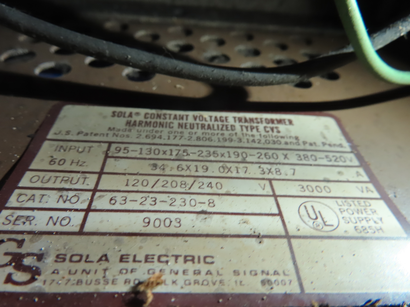 EMERSON SOLA 3000VA TRANSFORMER 63-23-230-8 480HV/120LV 1YEAR WARRANTY ...