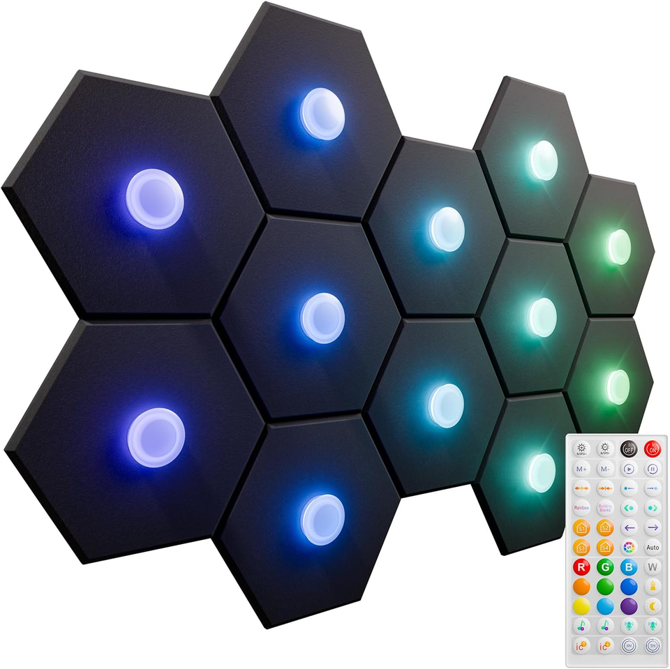 RGB Hexagon Soundproof Wall Panels with LED Lights Music Sync Acoustic ...