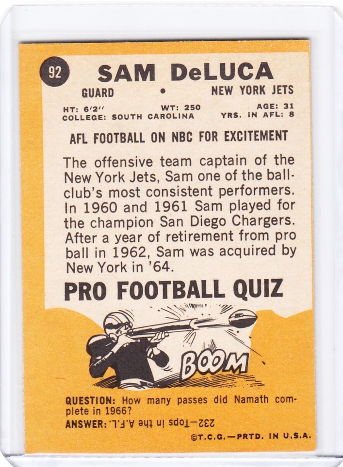 AM: 1967 Topps Football Card #92 Sam DeLuca New York Jets - ExMt | eBay
