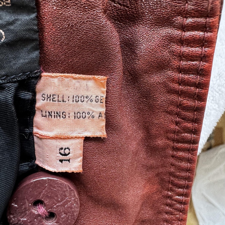 Vintage tfc Leather Jacket Womens 16 Burgundy Woven Pockets Long Coat ...