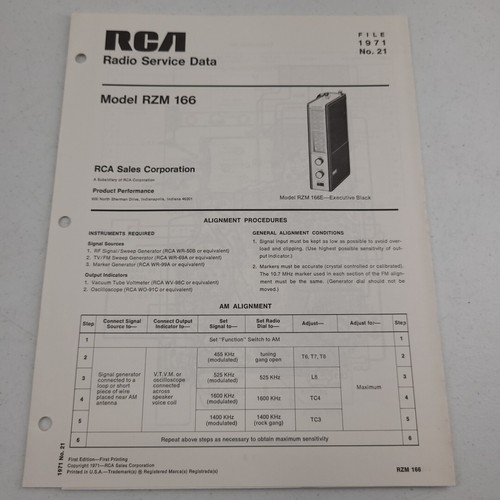 RCA Radio Service Data Model RZM 166 File 1971 No 21 Transistor | eBay