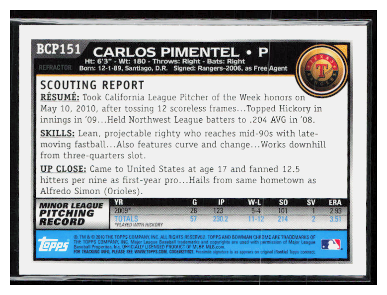 2010 Bowman Chrome Pros Green X-Fractor #BCP151 Carlos Pimentel | eBay