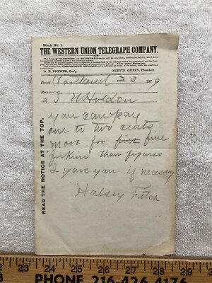 1879 Western Union Telegraph Company Hand Written Note Halsey Fitch ...