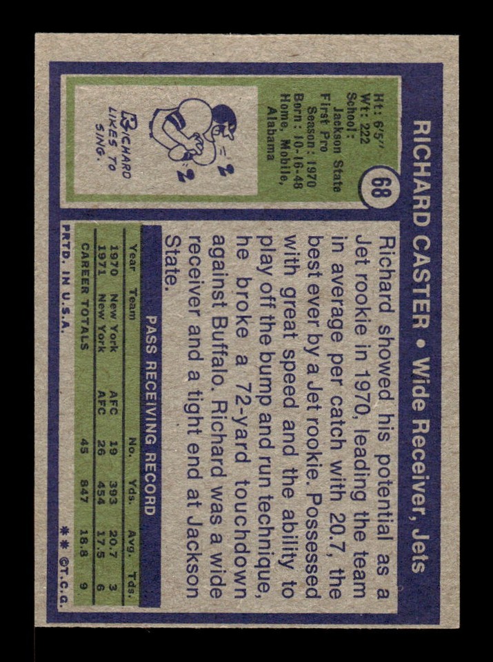 1972 Topps Football #68 Richard Caster RC New York Jets | eBay
