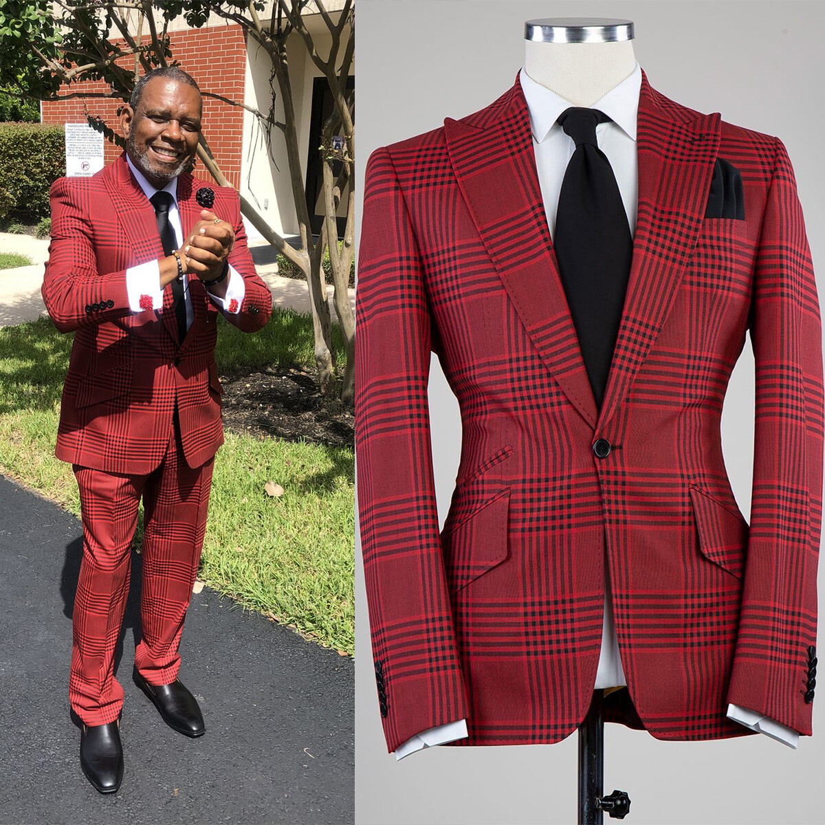 Red Men Suits Houndstooth Wide Peak Lapel Business Formal Wedding ...