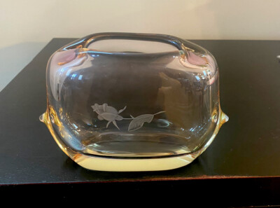 Art Glass Vase Etched Heavy Lt Peach Glass / Quality/ Unique Shape ...