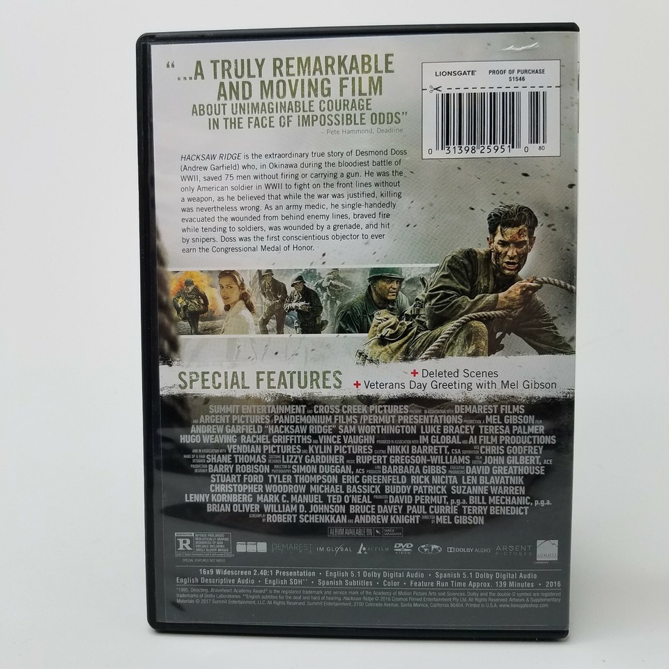 Hacksaw Ridge (DVD, 2017) Hugo Weaving, Sam Worthington, Andrew ...