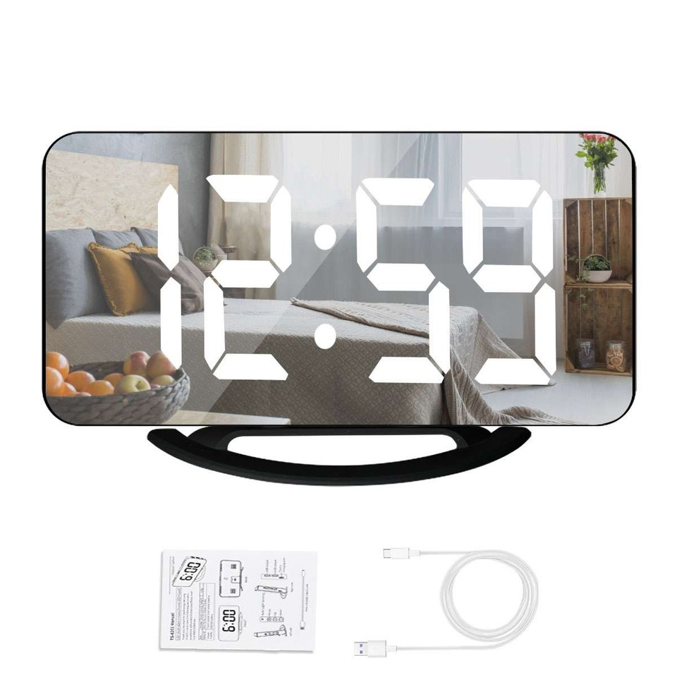 Digital Alarm Clock 6.7" Large LED Mirror Display Dual USB Charger Port ...