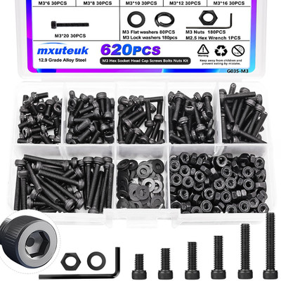 620PCS M3 Screw Kit,M3 Screws Suitable for 3D Printer,12.9 Grade Alloy ...