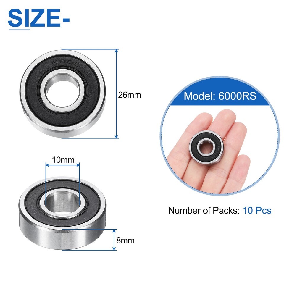 10pcs 6000RS Deep Groove Ball Bearings 10x26x8mm Double Sealed Bearings ...