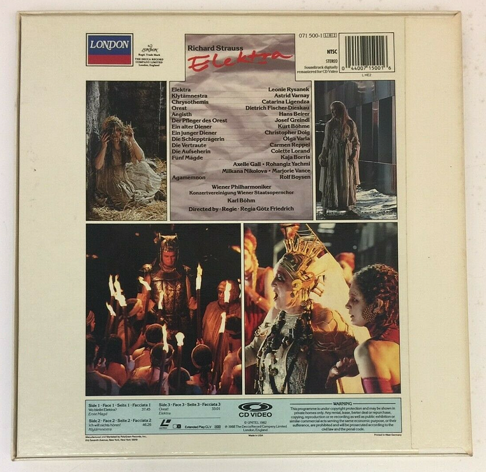 ELEKTRA Laserdisc LD Richard Strauss OPERA 2-Disc Box Set 1982 Gotz ...