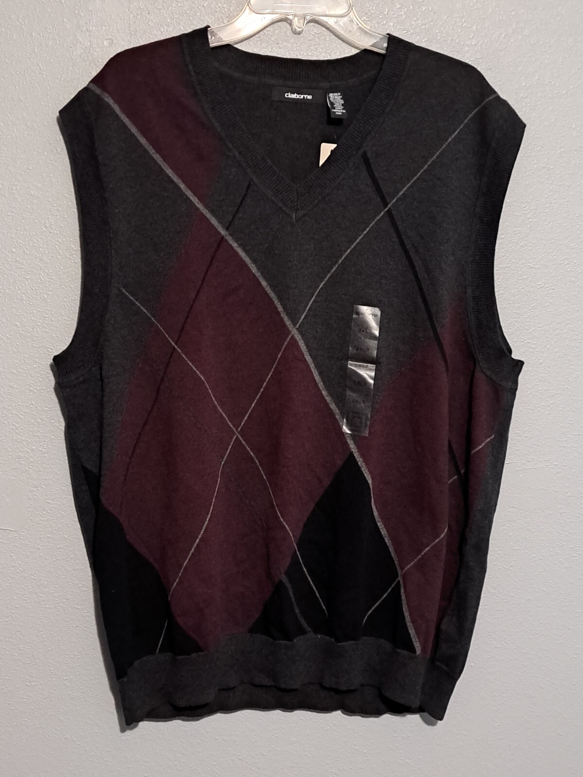 Claiborne Mens Sweater Vest 2XLT Gray Burgundy V- Neck Pullover ...
