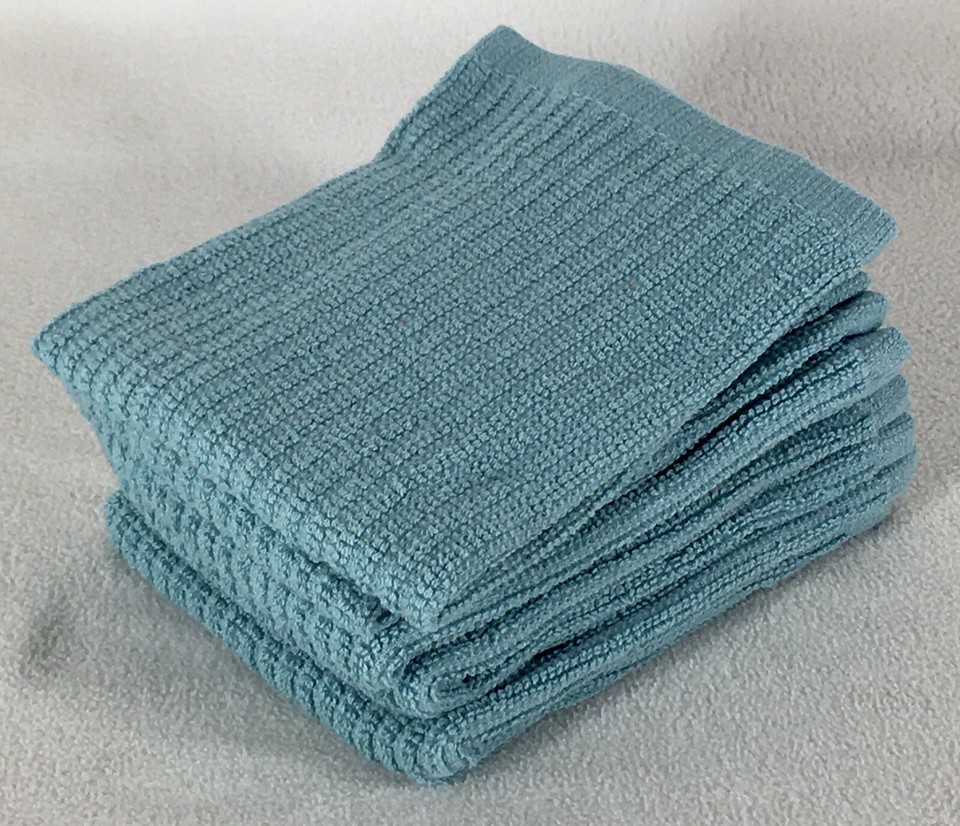 5 Ribbed Dew Blue Green COTTON Bar Mop Rags Dish Cloths Kitchen Towels ...