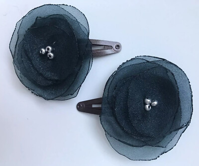 Set Of 2 Handmade Flower Alligator Clips Women Hair Elegant Dark Blue ...