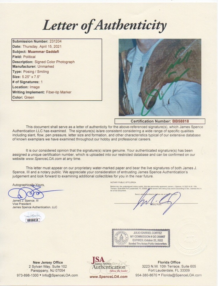 MUAMMAR GADDAFI signed 5x7 photo AUTOGRAPH auto FULL JSA LOA Libya ...