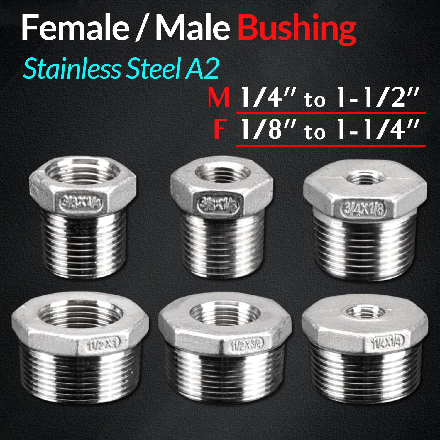 1/8" to 1-1/2" Stainless Steel A2 BSP Female/Male Bushing Reduce ...