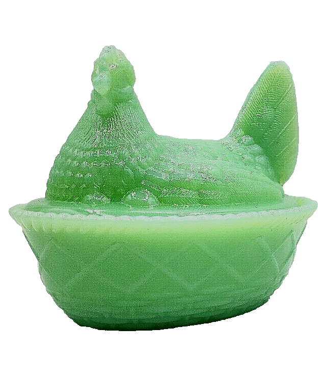 CHICKEN JADEITE 5" DEPRESSION STYLE GLASS HEN ON WOVEN NEST WITH SPLIT ...