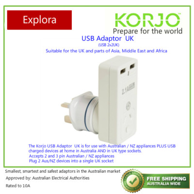 Korjo 2 Port USB Power Adaptor Plug, Charge at UK, Singapore and ...