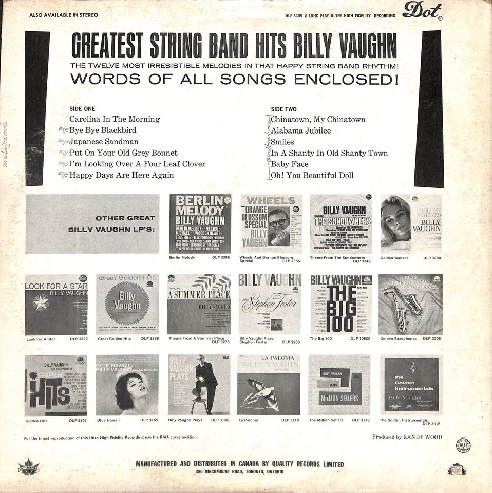 Billy Vaughn Greatest String Band Hits Vinyl LP Dot Records DLP 3409 Hi ...
