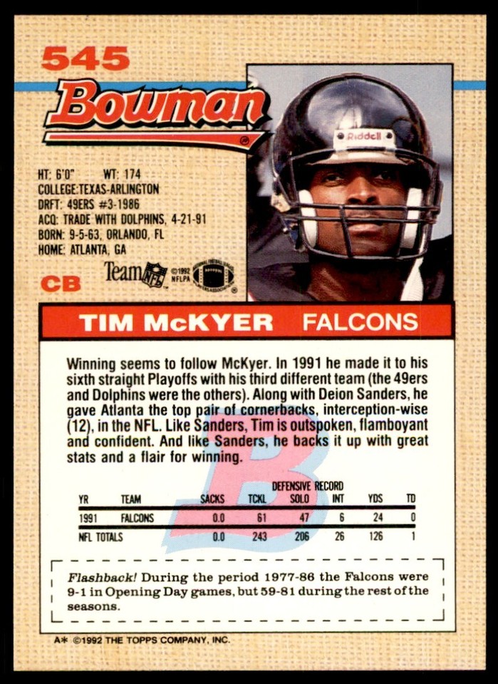 1992 BOWMAN TIM MCKYER ATLANTA FALCONS #545 | eBay