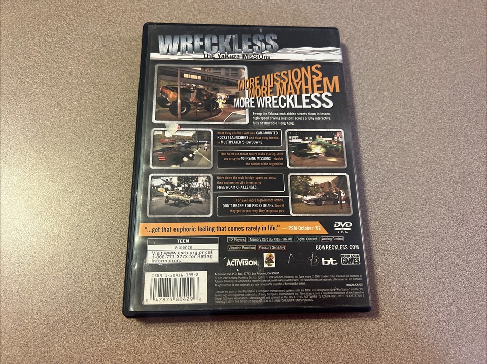 PS2 PlayStation 2 Wreckless The YaKuza Missions Game Disc & Case ...