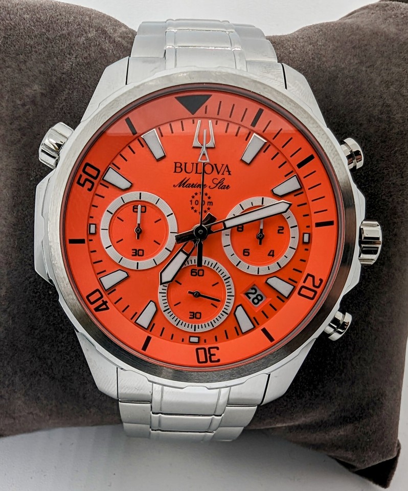 Bulova Orange Dial Marine Star Silver Tone Stainless Steel Men's Watch ...