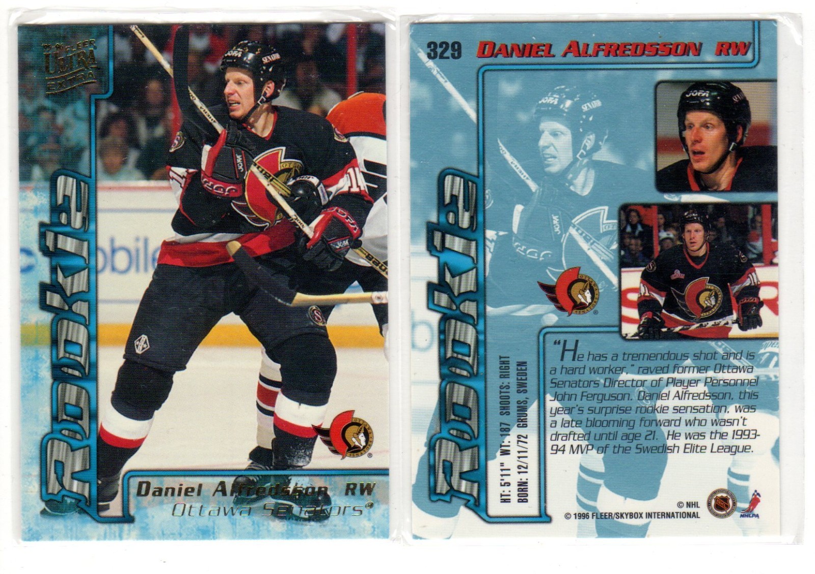 1X DANIEL ALFREDSSON 1995 96 Fleer Ultra #329 RC Rookie NMMT Ottawa ...
