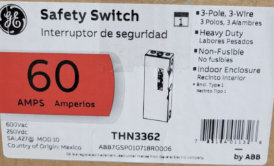 GE THN3362 60a 600v 3p 3w Heavy Duty Nema 1 Disconnect Brand New Sealed ...