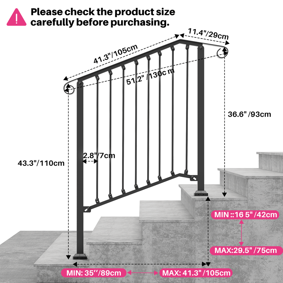 Redlife Handrails for Outdoor Steps, 3 or 4 Steps, Wrought Iron ...