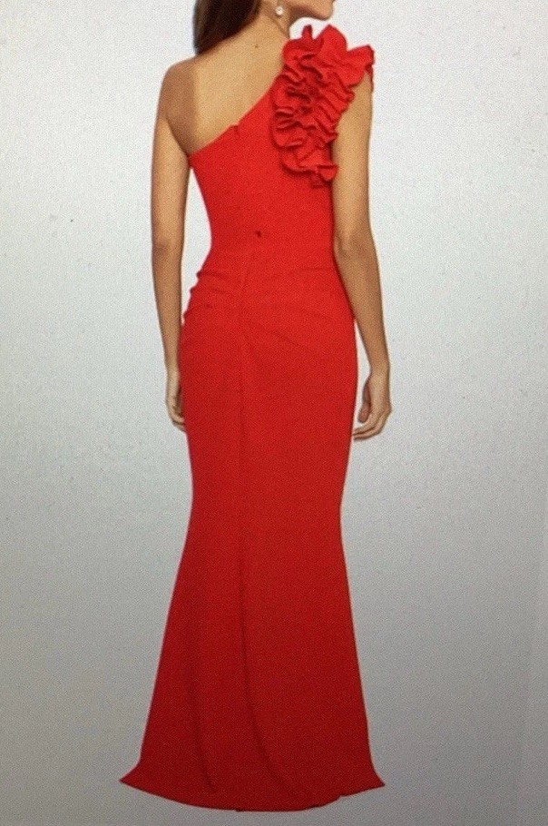 NWT XSCAPE Red IVY Ruffle ONE SHOULDER Scuba Crepe RUCHED Evening GOWN ...