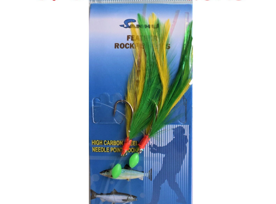10 Packs 3/0 Rock Cod Feather Rigs 2 Hooks Green/Yellow Rockfish Bait ...