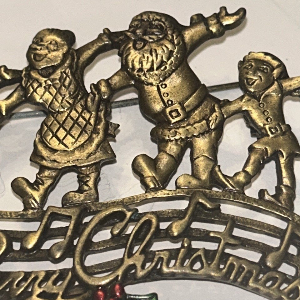 Vintage JJ Jonette Merry Christmas Brooch Pin Enamel Brass Tone Claus ...