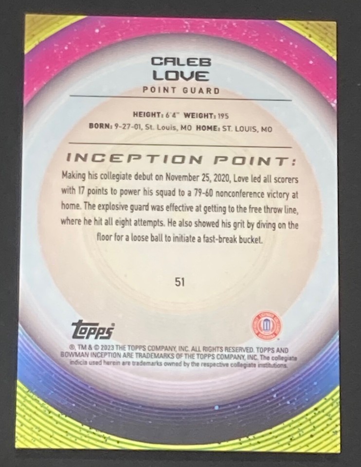 2023 Topps Bowman University Inception Caleb Love UNC Basketball NCAA ...