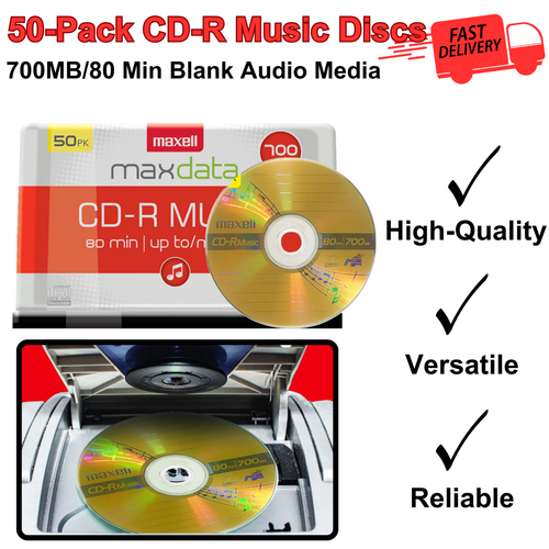 50-Pack CD-R Music Discs – 700MB/80 Min Blank Audio Media for One-Time ...