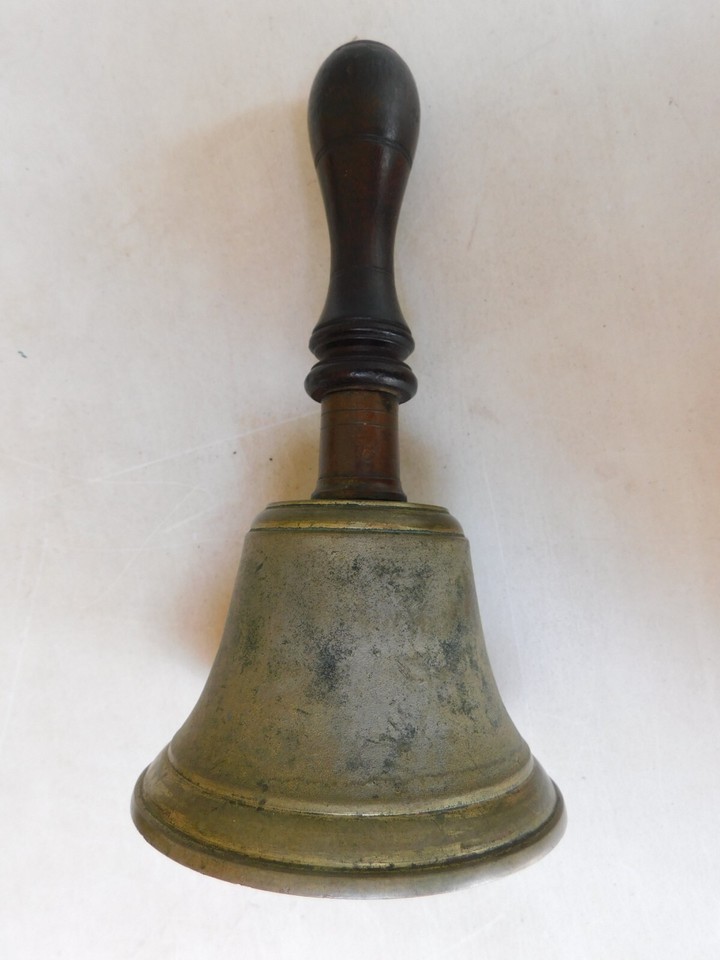 vtg. 10" BRASS BELL Antique HUGE Wood Handle Hand Held School Orig ...