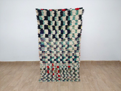 Moroccan Vintage Area Rug Handmade Black White Wool Cotton Checkered ...