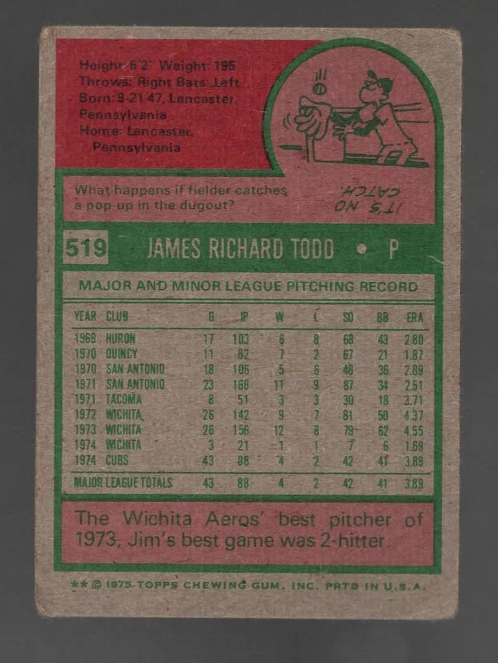 1975 Topps Jim Todd Chicago Cubs #519 Good | eBay