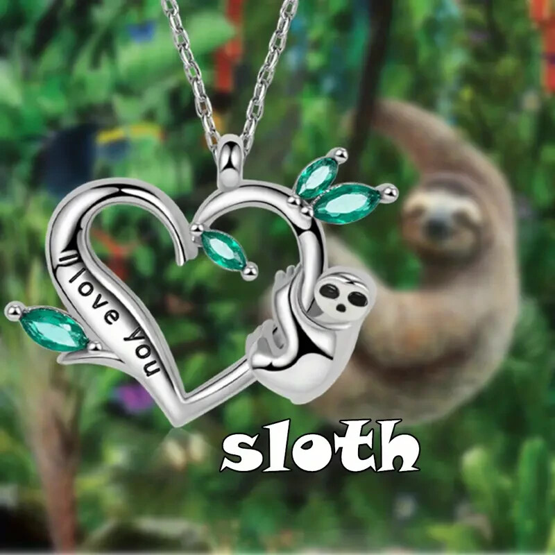 Fashion Heart Rhombus Green Crystal Sloth Pendant Necklace Women Cute ...