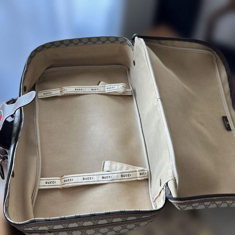 GUCCI Canvas Leather Boston Bag Beige Brown GG Pattern Stripe Travel ...