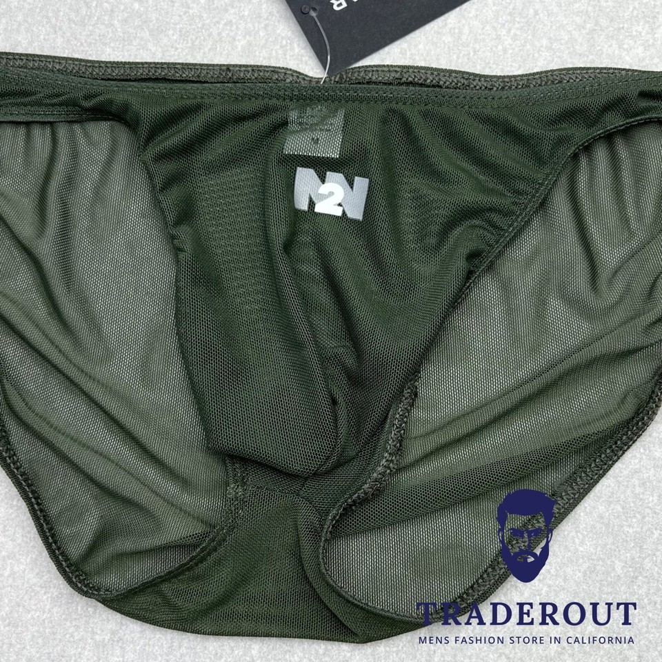 N2N Bodywear Men Olive green sheer mesh swim bikini swimwear underwear ...