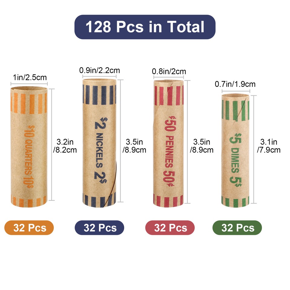 128pcs Assorted Preformed Coin Wrappers Rolls, Change Paper Rolls ...